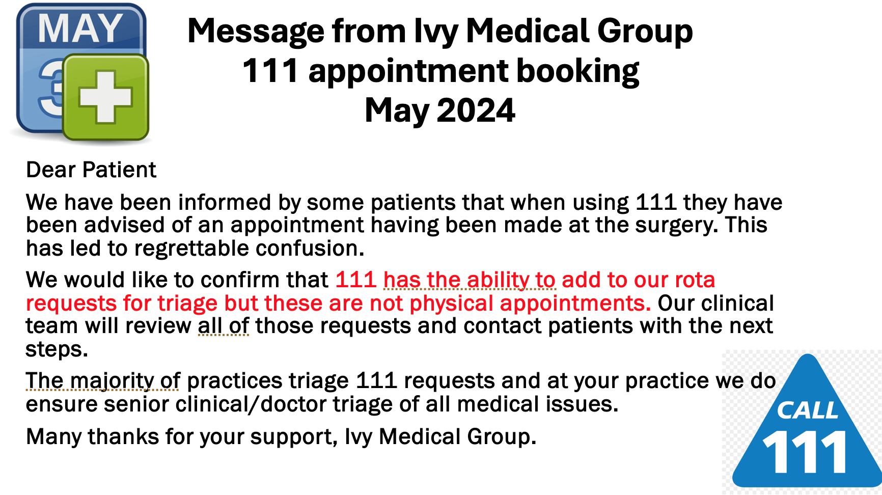 111 only make requests to our triage - The Ivy Medical Group
