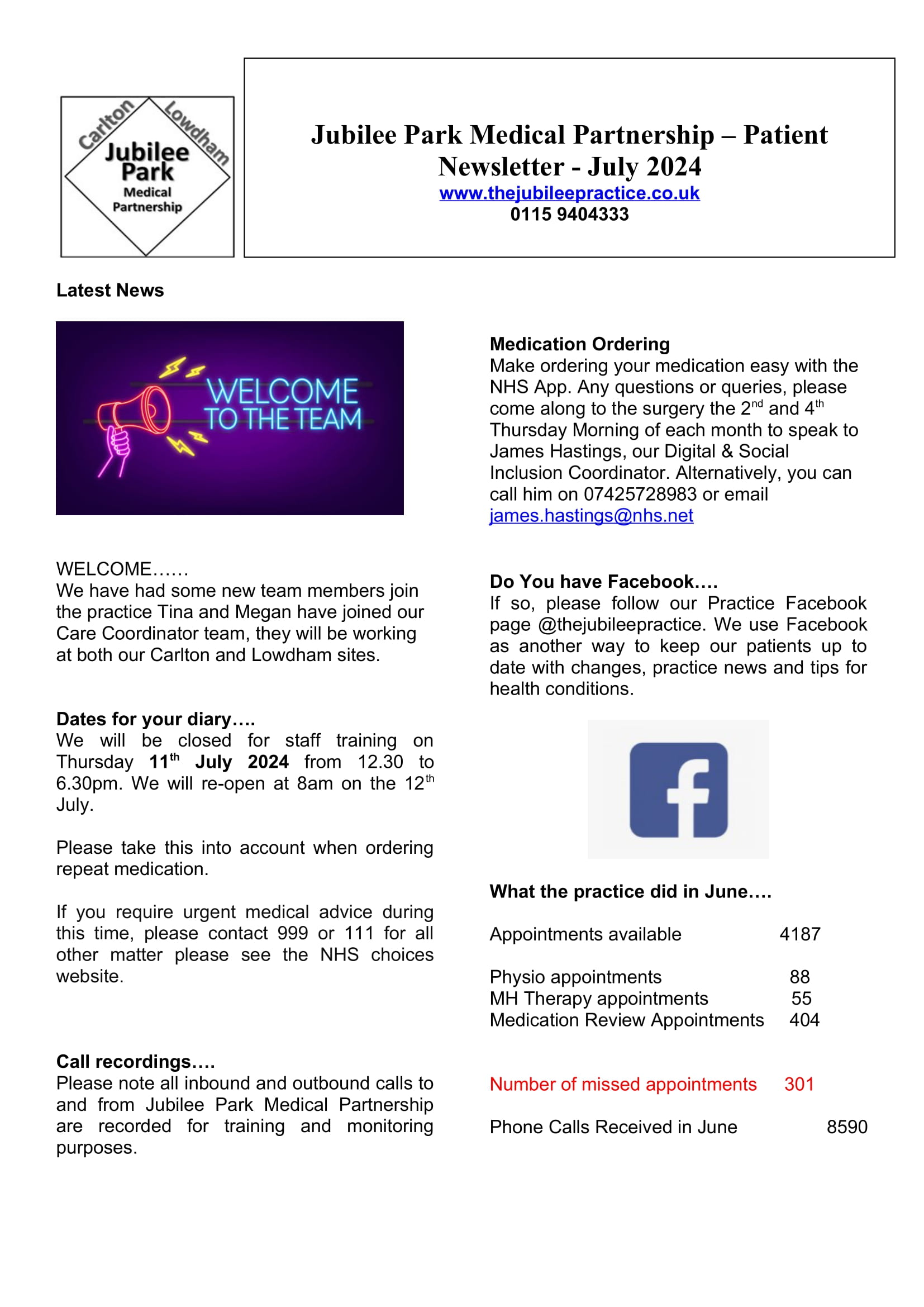 Practice Newsletter July 2024 - Jubilee Park Medical Partnership