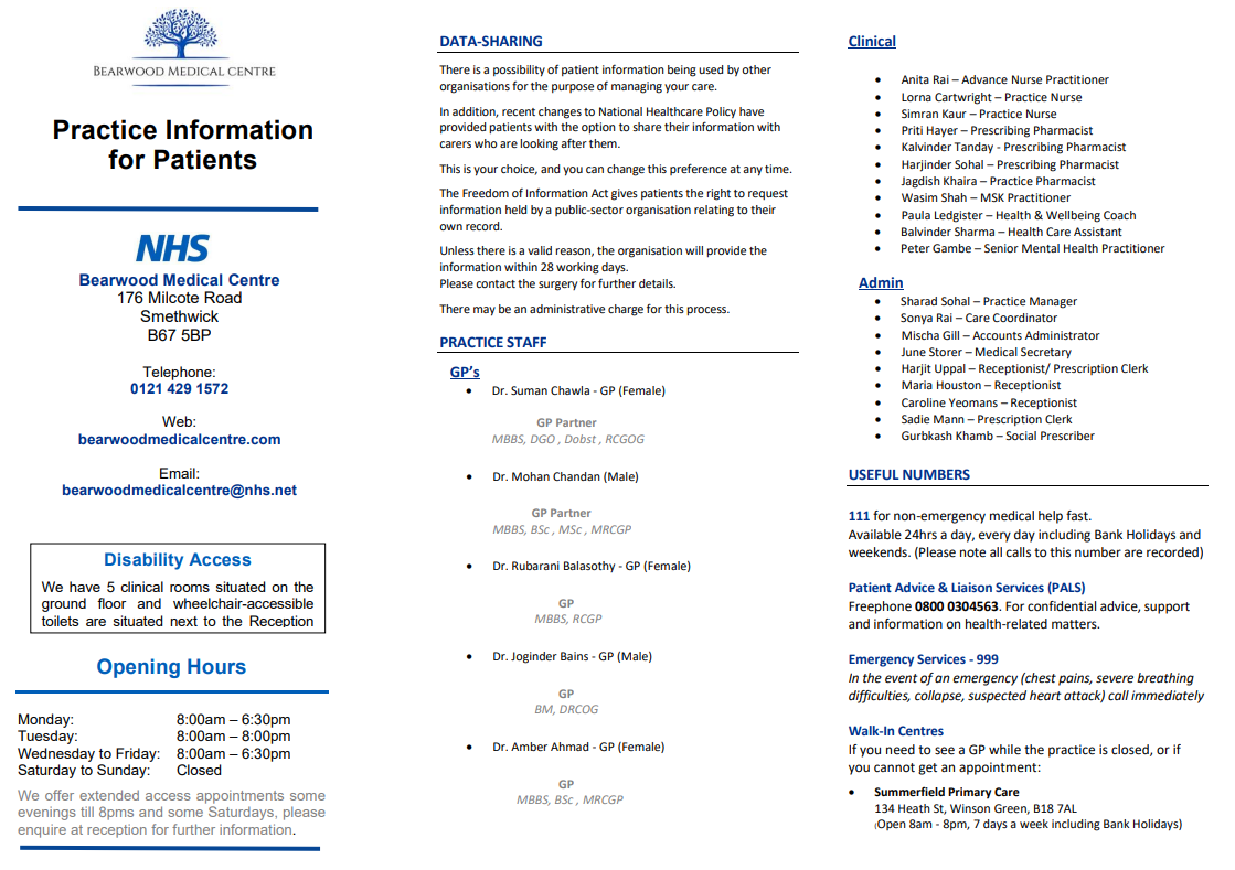 Practice Leaflet - Bearwood Medical Centre