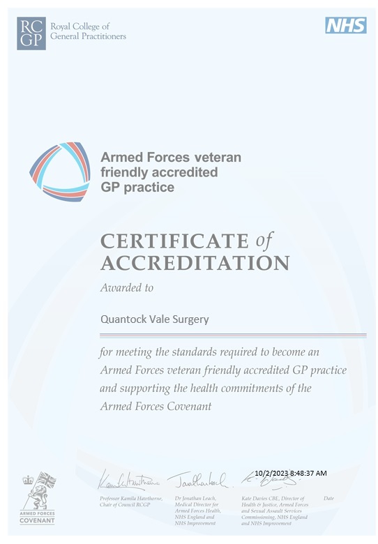 Veteran accreditation - Quantock Vale Surgery