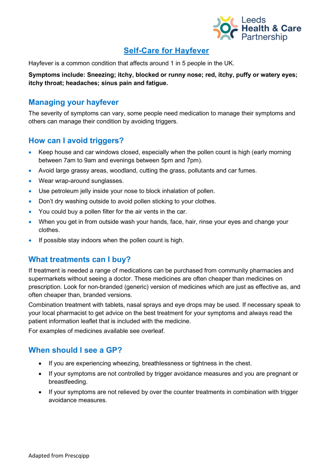 Hayfever Self Care Leaflet - West Leeds Family Practice