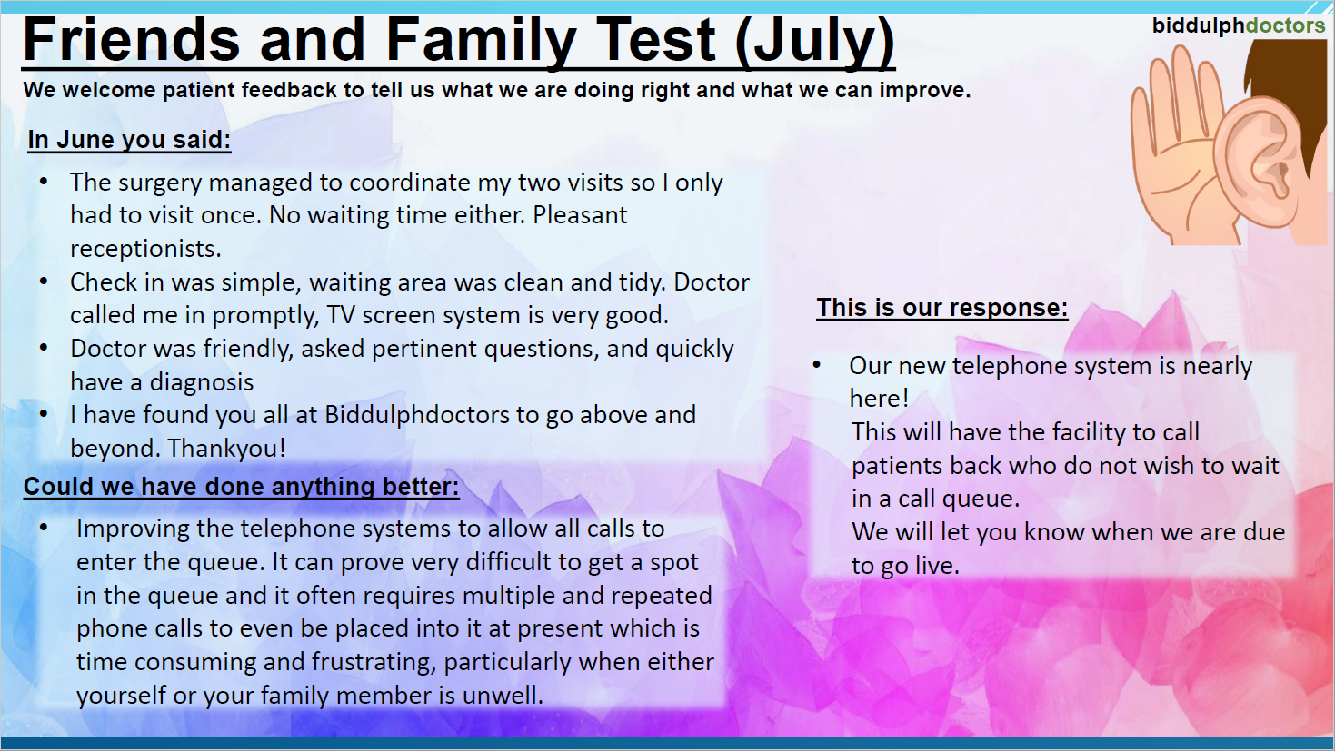 July Friends and Family Test Results - Biddulphdoctors