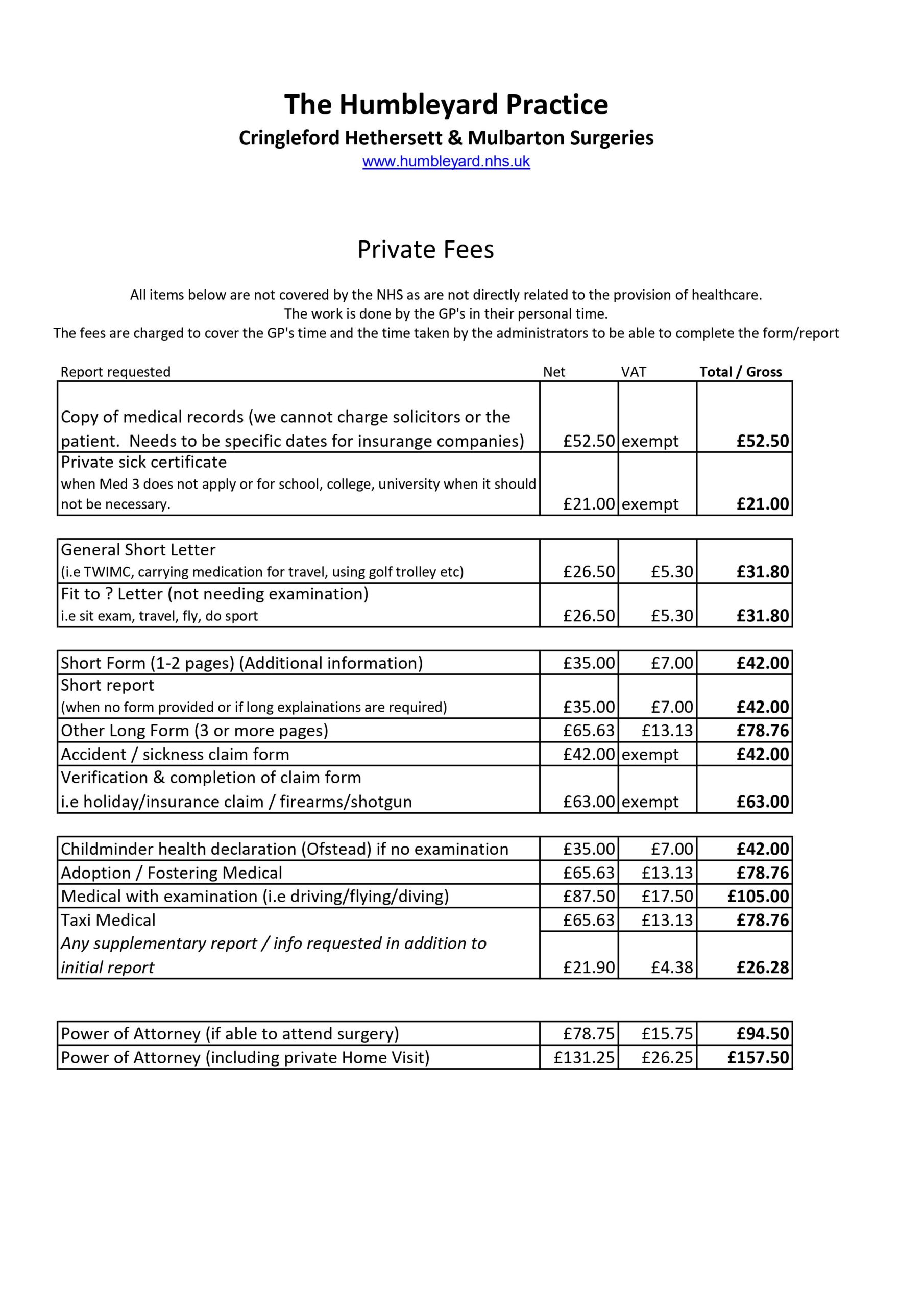 Non-NHS Work - The Humbleyard Practice